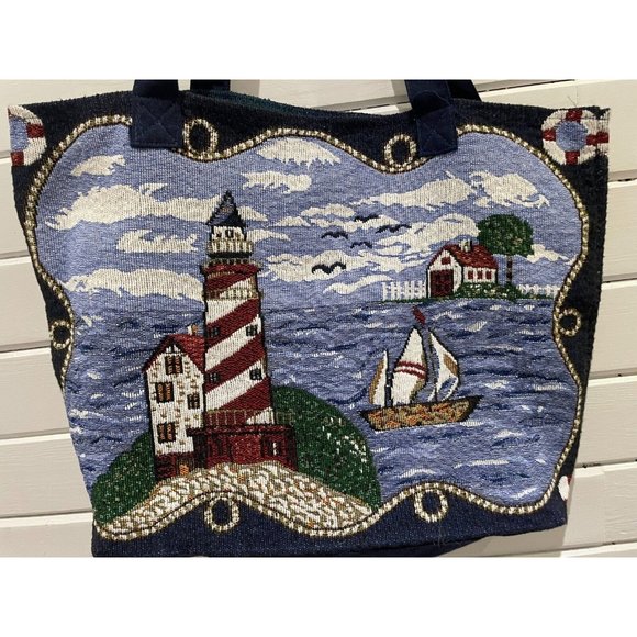 Bags | Vtg Lighthouse Nautical Beach House Seaside Tapestry Tote Bag ...